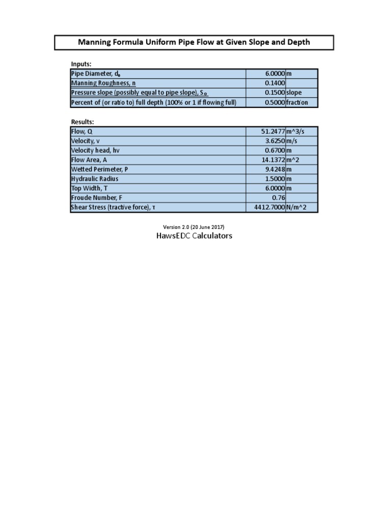 Manning Pipe Flow 2.0 | PDF | Civil Engineering | Continuum Mechanics