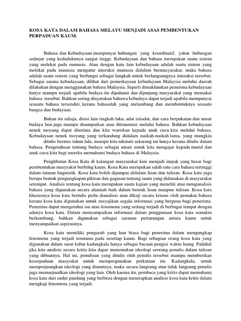 Bahasa Melayu Sebagai Asas Perpaduan