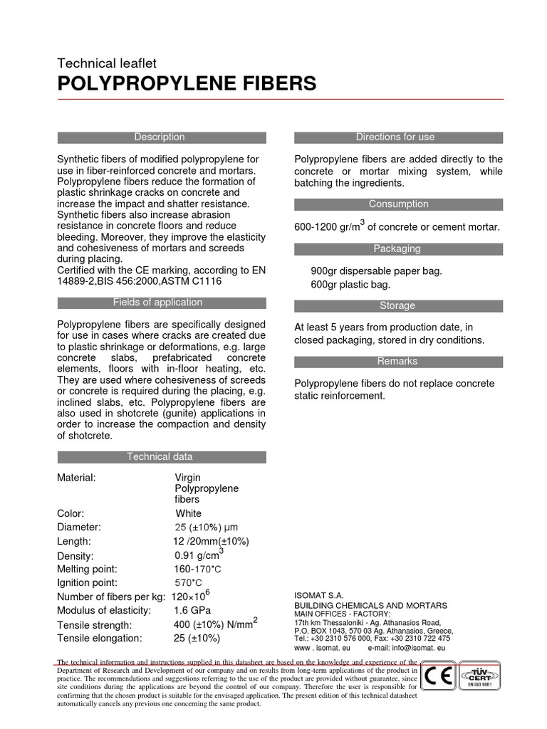 Polypropylene Fibers: Technical Leaflet | PDF | Fibers | Concrete