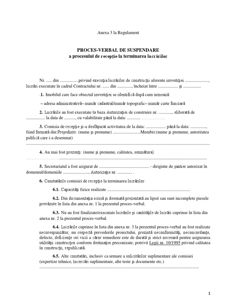 Anexa 3 La Regulament HG 343 Receptie Model Proces Verbal Suspendare | PDF