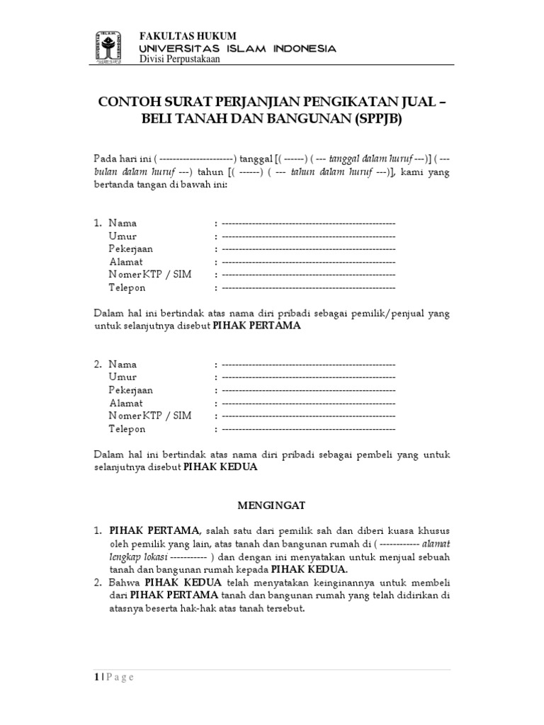 Contoh Surat Perjanjian Pengikatan Jual Beli Tanah Dan Bangunan (SPPJB ...