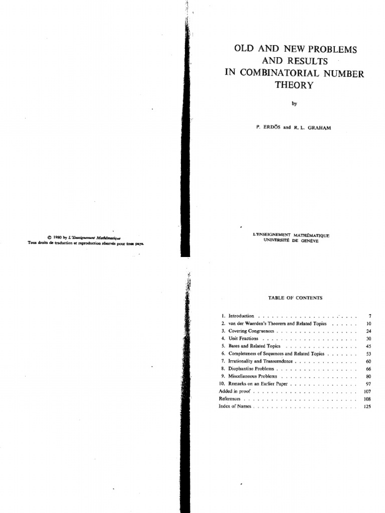 Old and New Problems and Results in Combinatorial Number Theory - Erdos, P.&Graham, R.L PDF ...