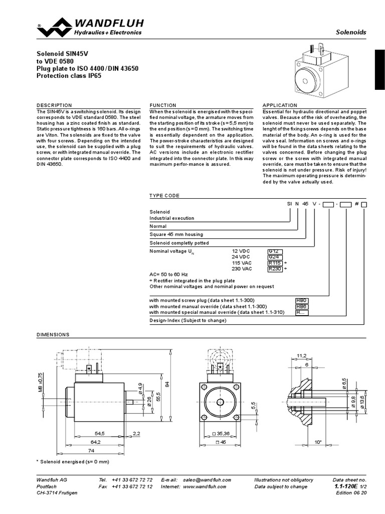 Solenoid SIN45V To VDE 0580 Plug Plate To ISO 4400 / DIN 43650 ...