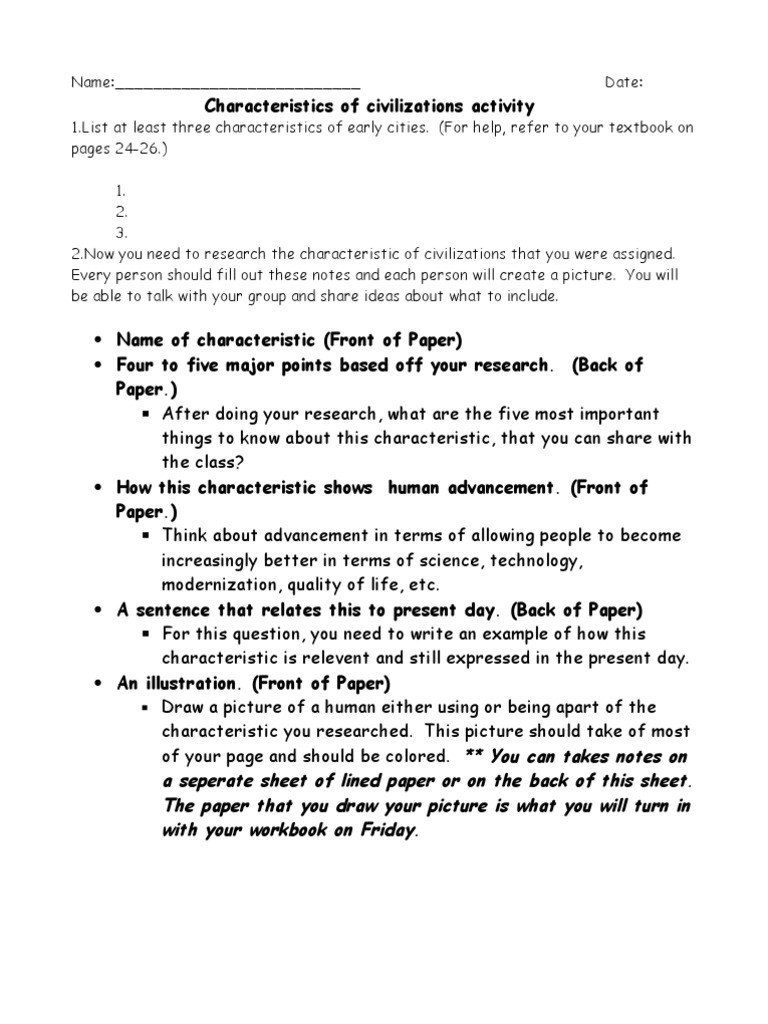 Characteristics of Civilizations Activity | PDF | Civilization | Clergy