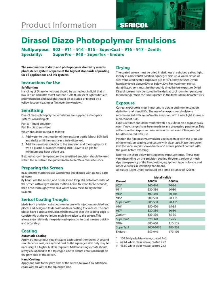 Dirasol Diazo Photopolymer Emulsions | PDF | Exposure (Photography ...