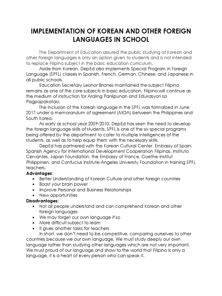 Implementation of Korean and Other Foreign Languages in School | PDF ...