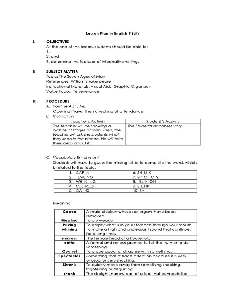 Lesson Plan in English 9 (Lit) I. Objectives | PDF | Teachers | Cognition