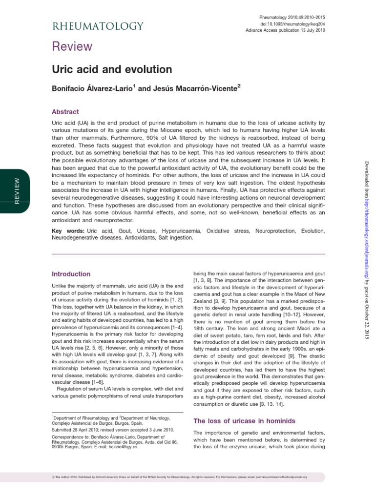 Review: Uric Acid and Evolution | PDF | Antioxidant | Gout