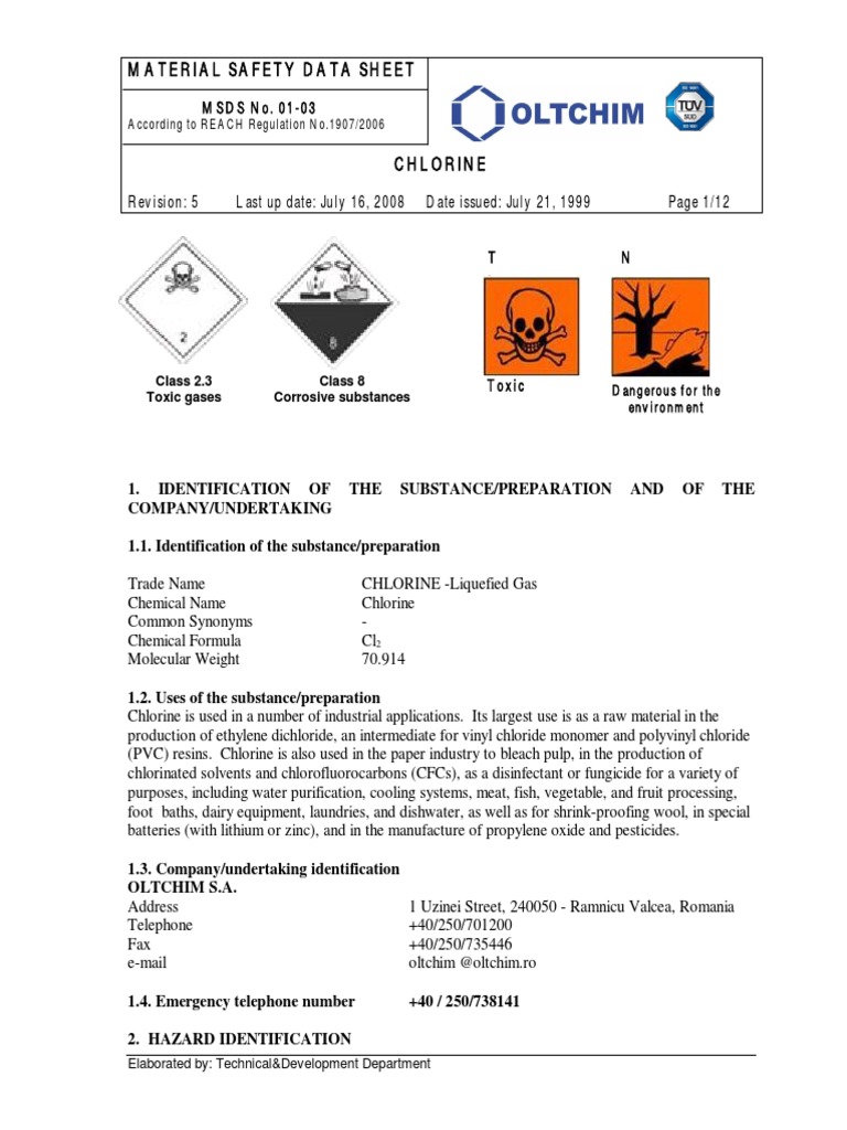 Msds Cl2 | PDF | Chlorine | Dangerous Goods