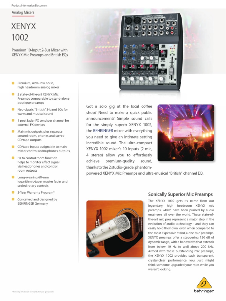 Xenyx 1002: Analog Mixers | PDF | Equalization (Audio) | Sound Recording