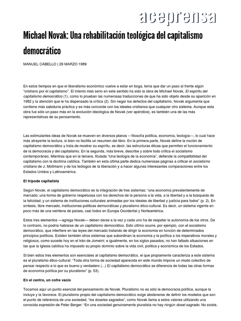 Michael Novak Una Rehabilitacion Teologica Del Capitalismo Democratico ...