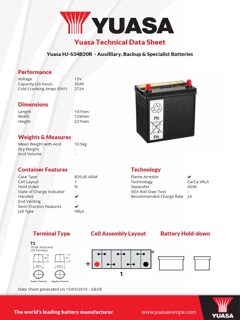 Yuasa Technical Data Sheet: Performance | PDF