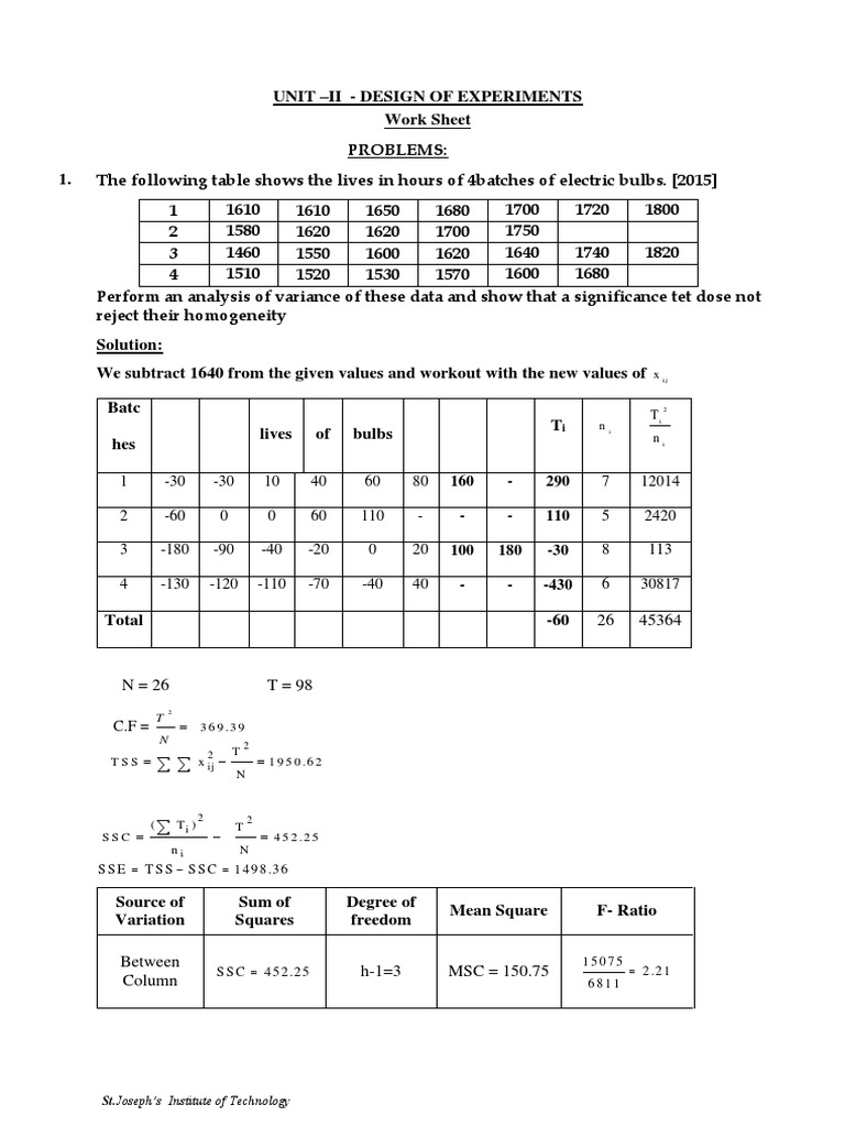 SNM UNIT 2 Work Sheet NEW PDF | PDF | Errors And Residuals | Analysis Of Variance