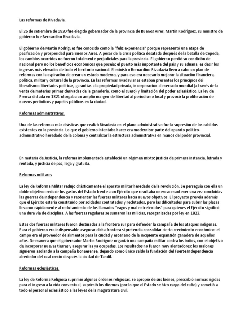 Las Reformas de Rivadavia | PDF | América del Sur | Argentina