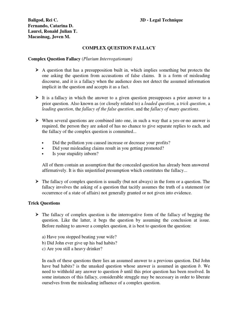 Legal Fallacies: Complex Questions | PDF | Question | Argument