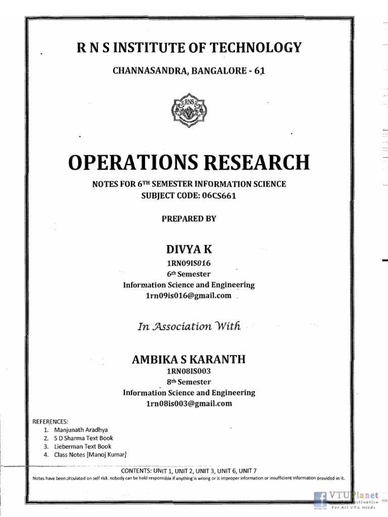 Operations Research NOTES by Divya - RNSIT PDF | PDF