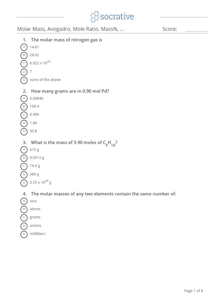 Chemistry Molar Mass & Mole Quiz | PDF | Mole (Unit) | Ammonium