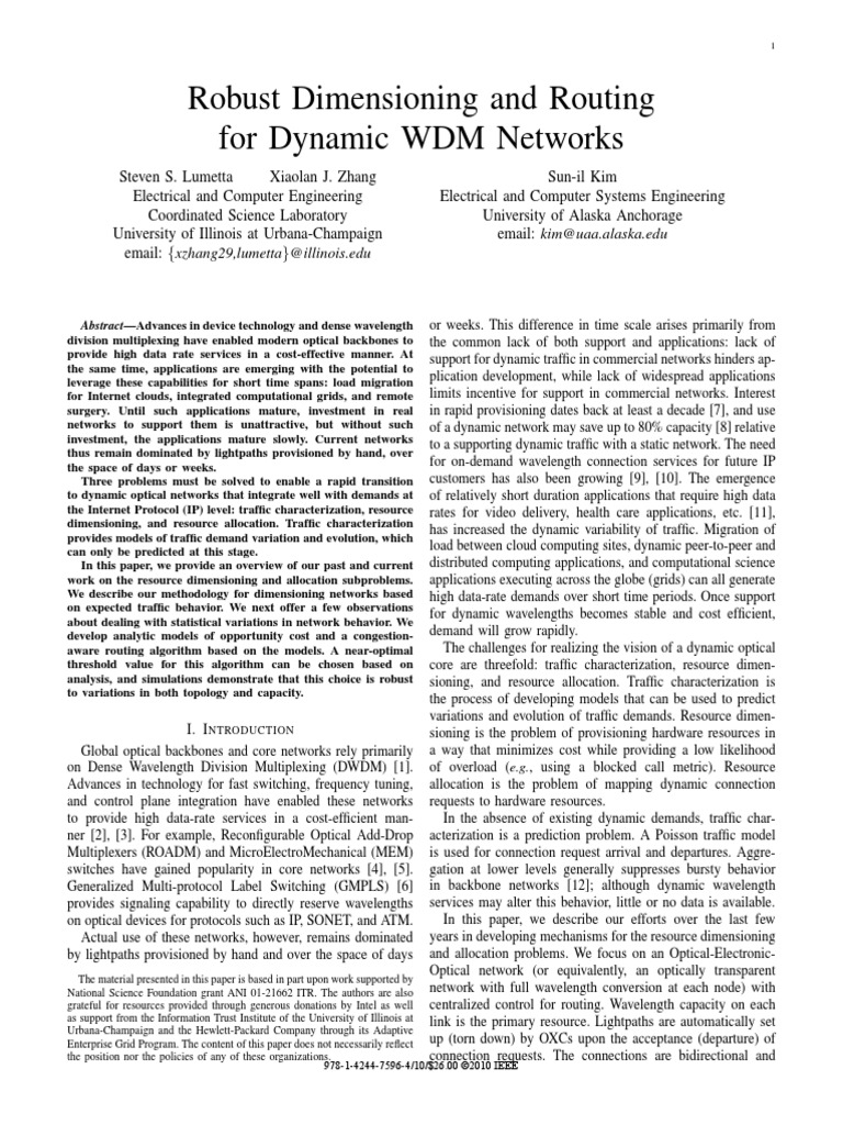 Robust Dimensioning and Routing For Dynamic WDM Networks: (Xzhang29, Lumetta) @illinois - Edu ...