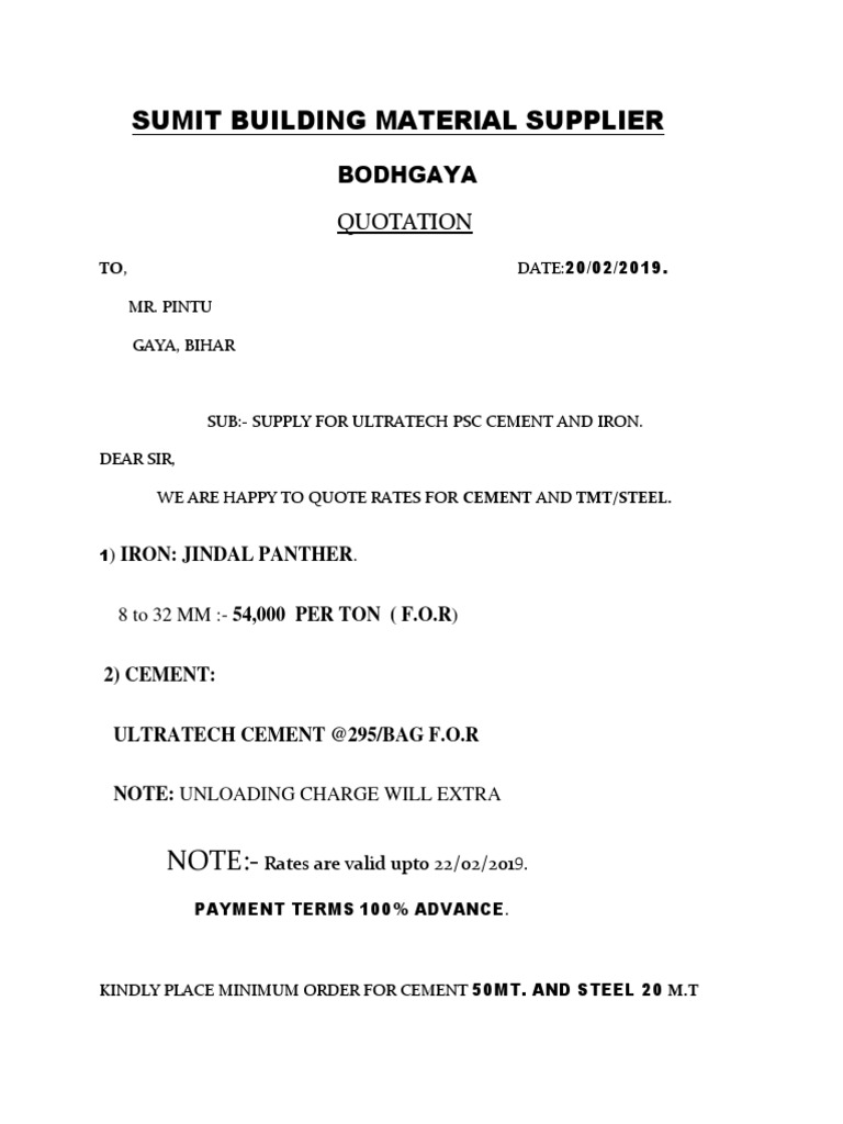 Sumit Building Material Supplier: Bodhgaya Quotation | PDF