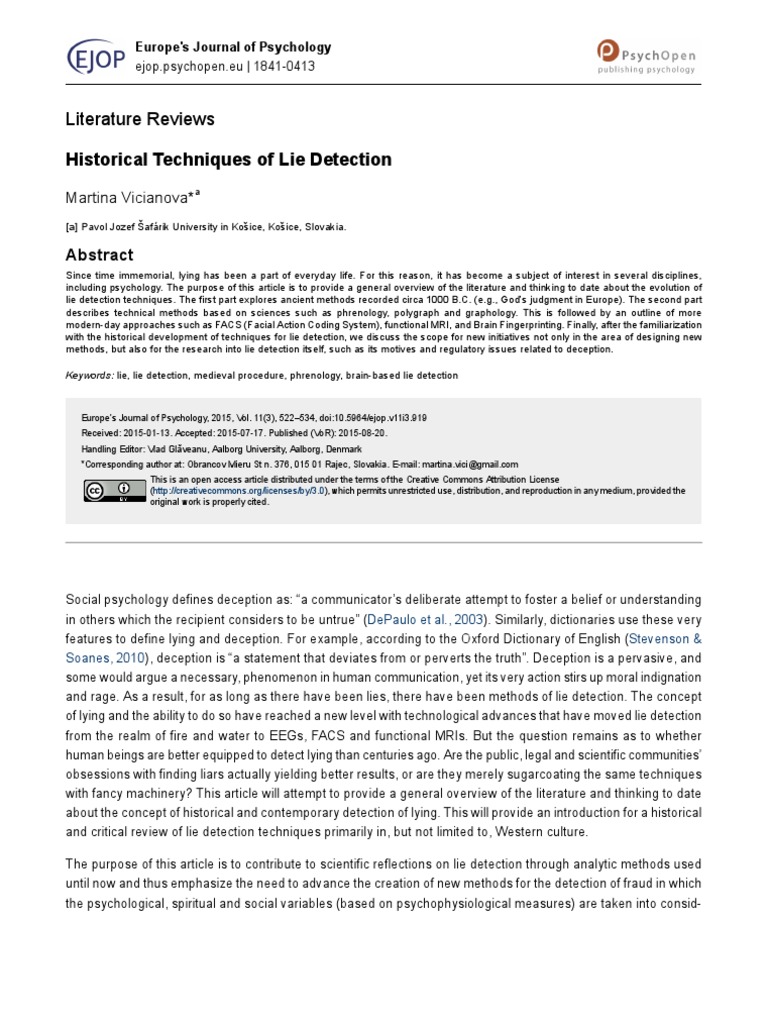Historical Techniques of Lie Detection | PDF | Polygraph | Functional ...