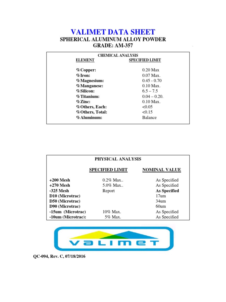 Valimet Data Sheet: Spherical Aluminum Alloy Powder GRADE: AM-357 | PDF | Alloy | Atoms