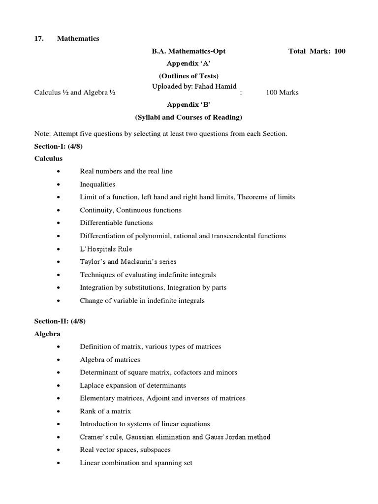 Mathematics Opt-Course O | PDF | Matrix (Mathematics) | Linear Algebra