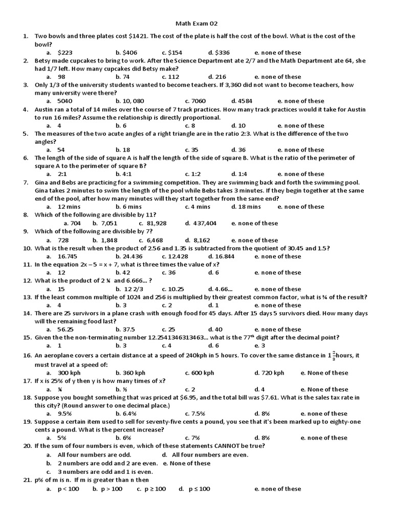 Math Exam 02 | PDF | Numbers | Elementary Mathematics