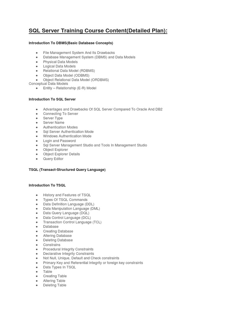 SQL Server Course Content | PDF | Sql | Databases