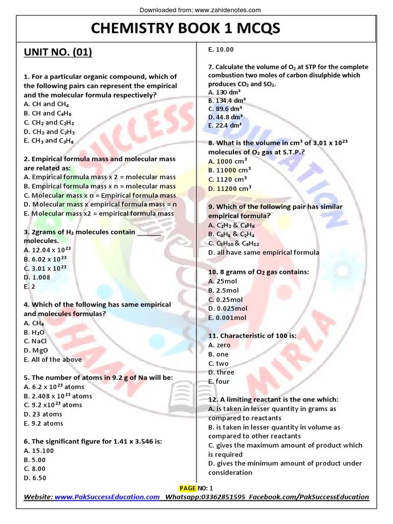 Chemistry MCQs on Empirical and Molecular Formulas | PDF | Gases | Carbon
