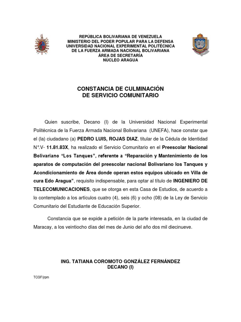 Constancia de Culminacion Servicio Comunitario - 2019 | PDF