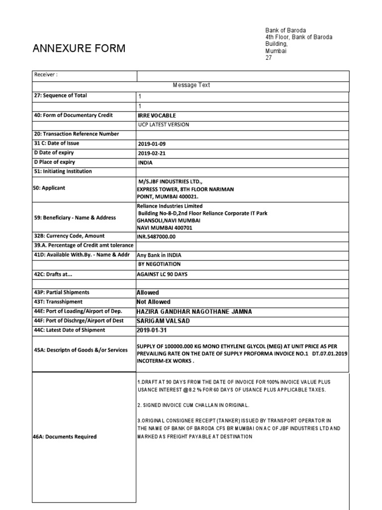 Annexure Form: Bank of Baroda 4th Floor, Bank of Baroda Building ...