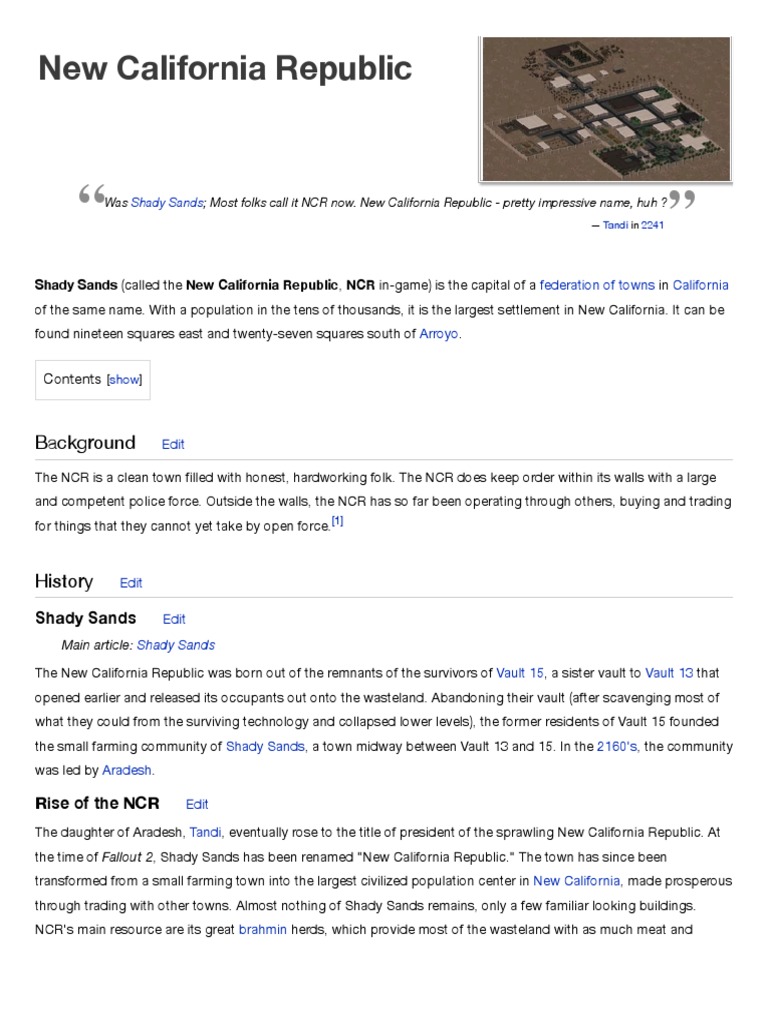 Fallout 2 New California Republic (NCR) Overview+Quests | PDF | Leisure ...