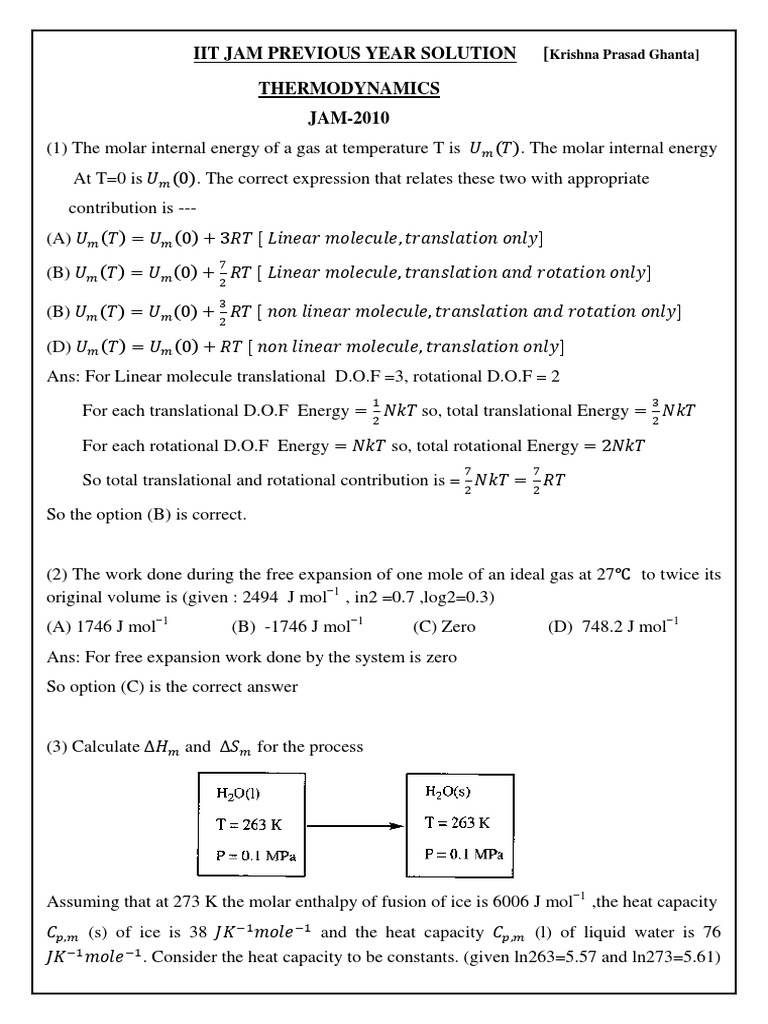 Thermodynamics Problems and Solutions: Internal Energy, Enthalpy of Formation, Melting Pressure ...