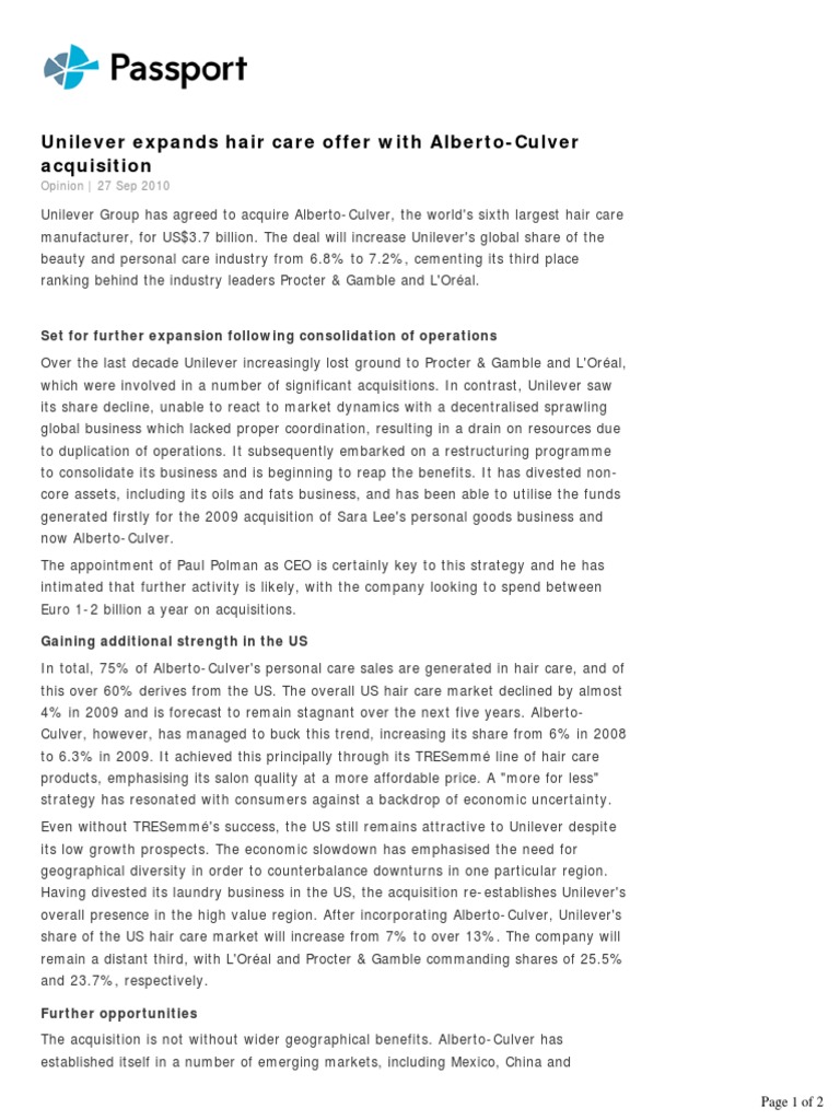 Unilever Expands Hair Care Offer With Alberto-Culver Acquisition | PDF ...