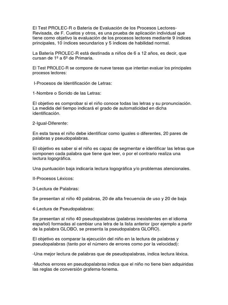 El Test PROLEC R | PDF | Oración (Lingüística) | Puntuación
