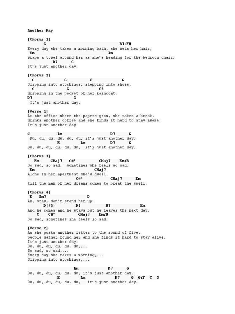 G B7 F# em Am D7 G: Another Day (Chorus 1) | PDF