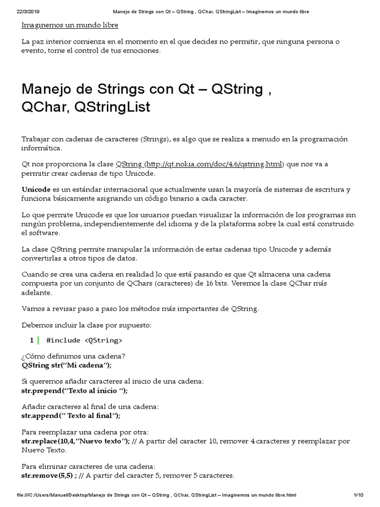 Manejo De Strings En Qt Qstring Y Qstringlist Pdf Ascii 3794