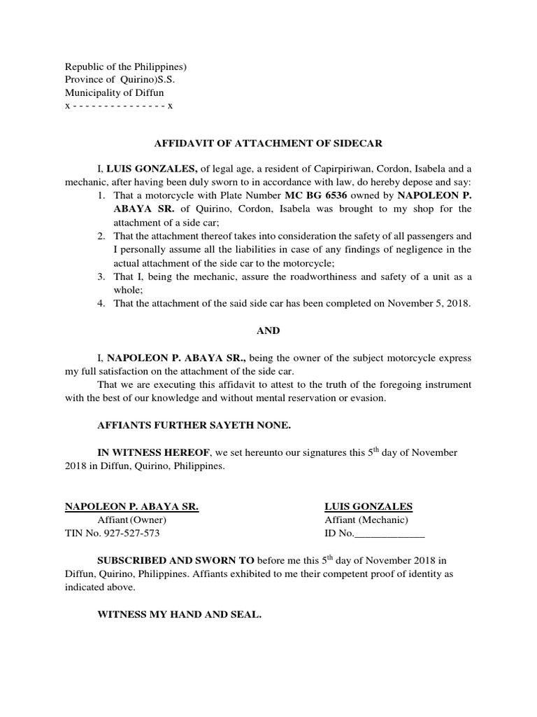 Affidavit Sidecar Attachment | PDF | Affidavit | Legal Procedure