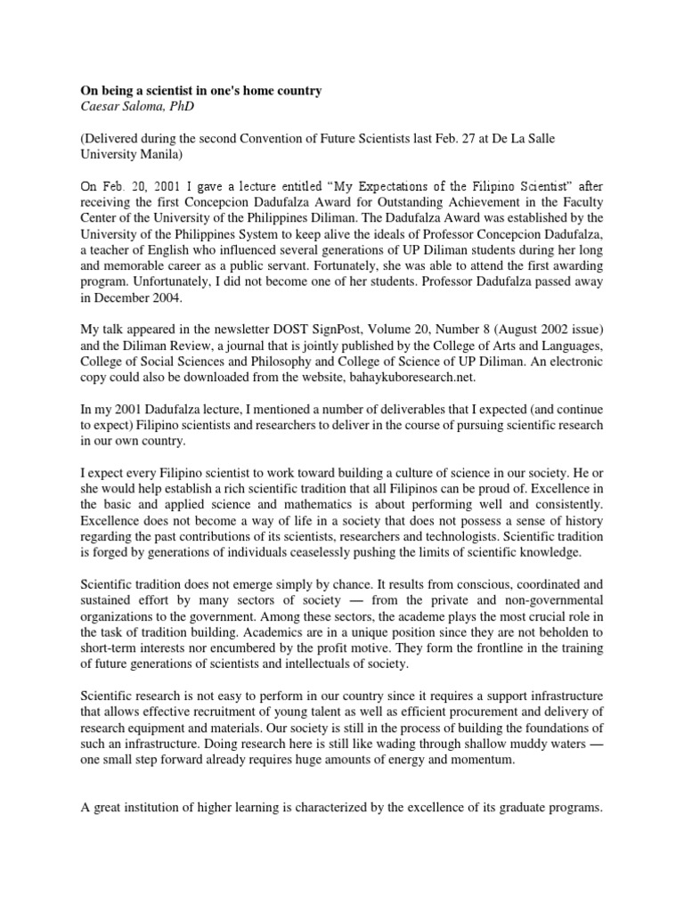 SALOMA - On Being A Scientist in One's Home Country | PDF | Doctor Of ...