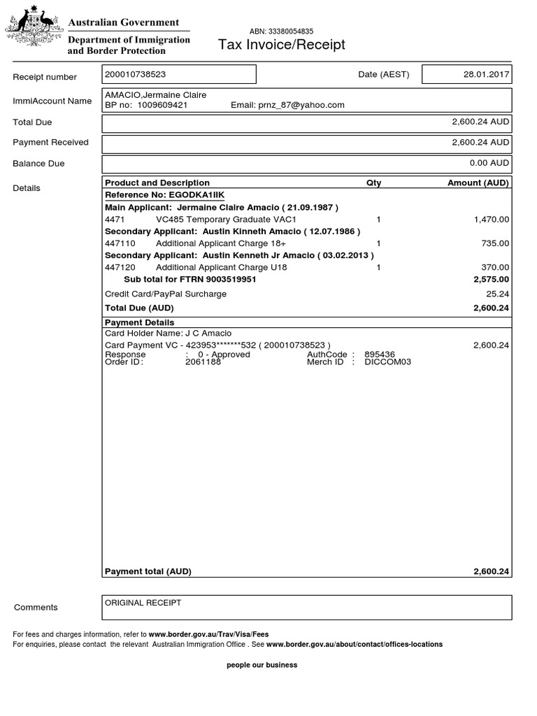 Australian Visa Payment Receipt | PDF | Receipt | Payments