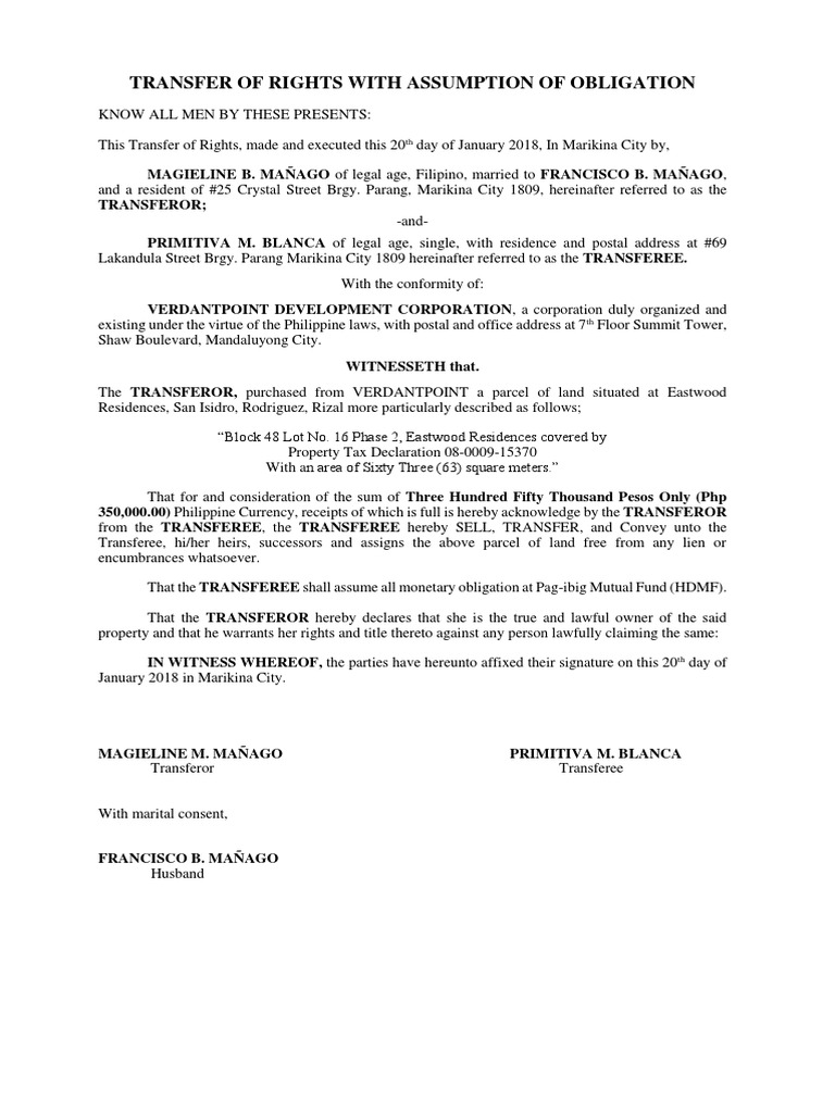 Transfer of Rights With Assumption of Obligation | PDF | Power Of ...