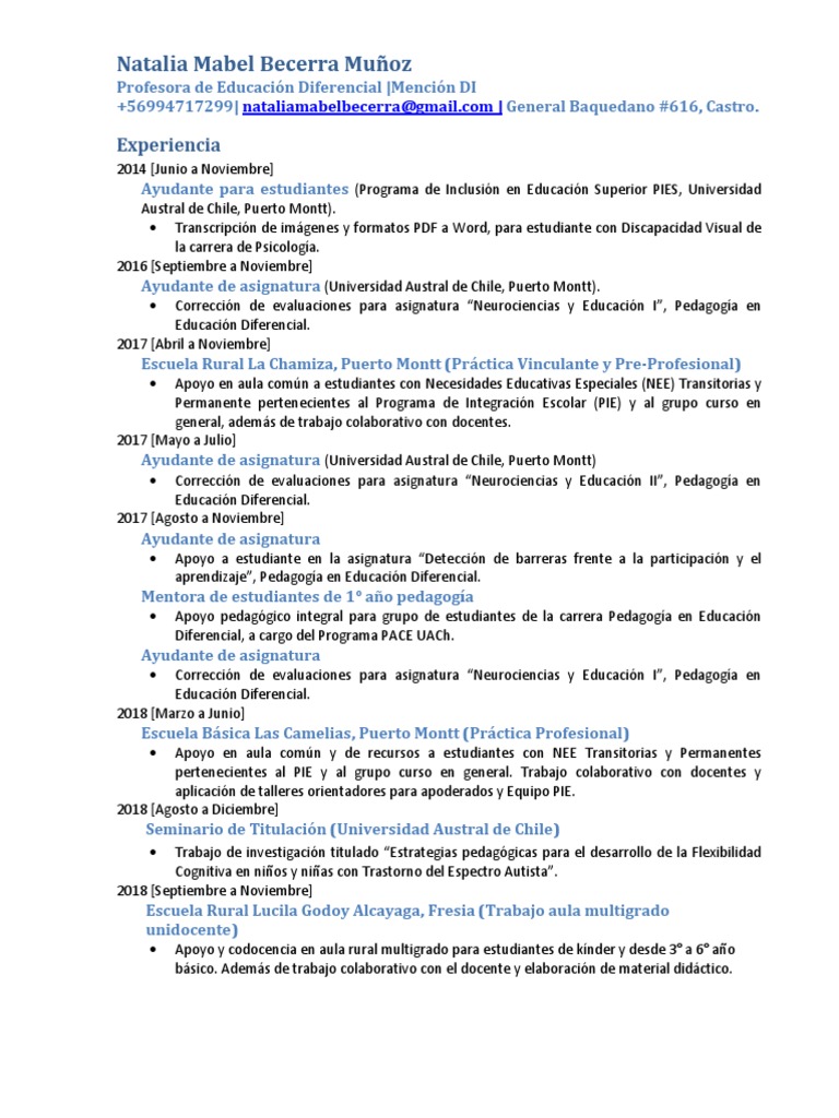 Curriculum Natalia | PDF | Espectro autista | Maestros