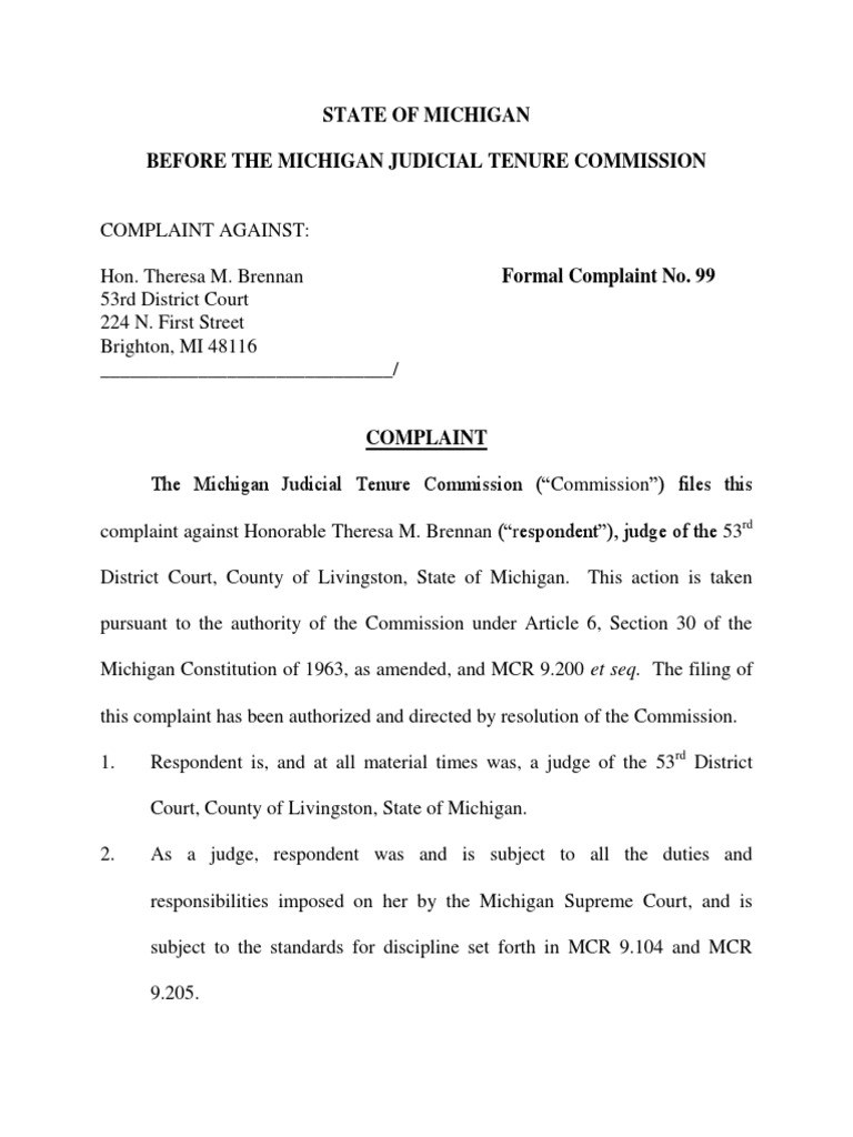 STATE OF MICHIGAN BEFORE THE MICHIGAN JUDICIAL TENURE COMMISSION ...