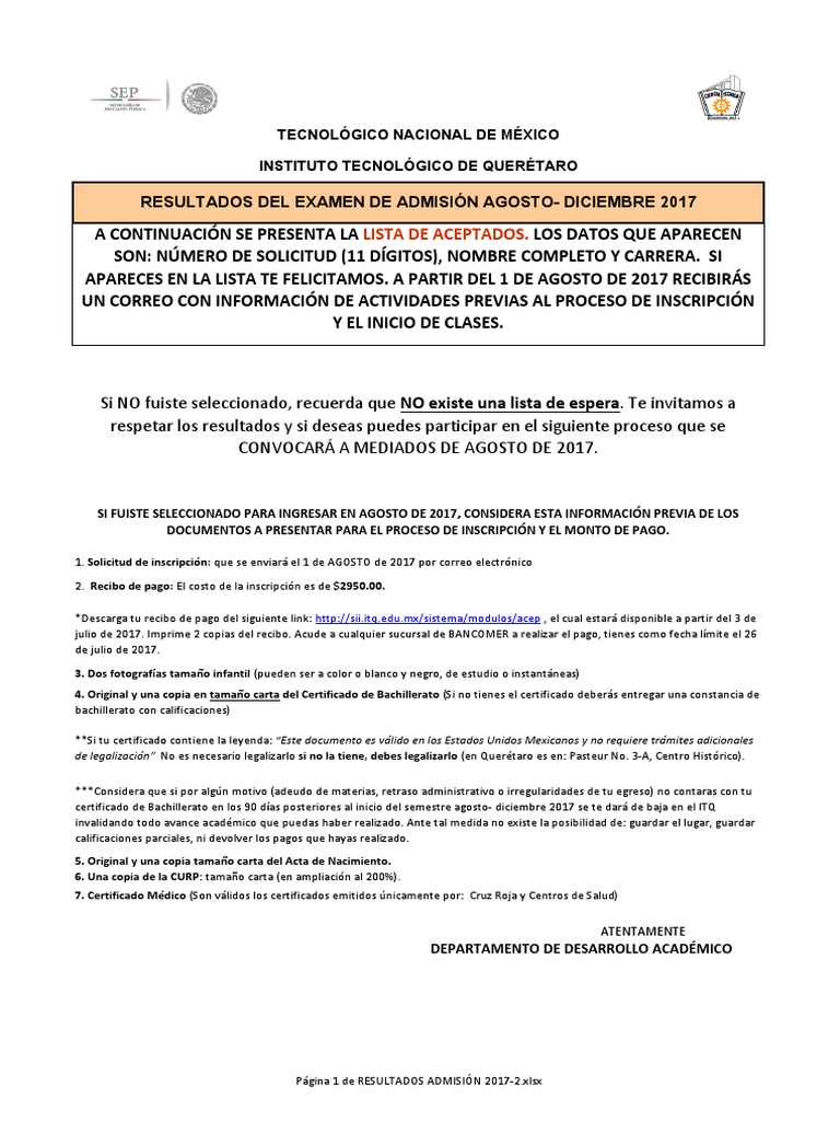 Resultados Admisión ITQ 2017 | PDF | Activismo politico | Liderazgo