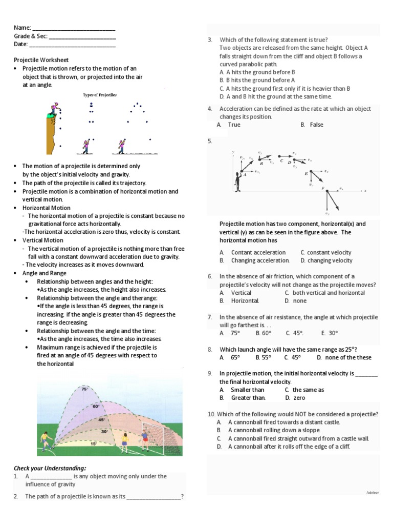 Projectile Motion Workesheet | PDF | Acceleration | Dynamics (Mechanics)