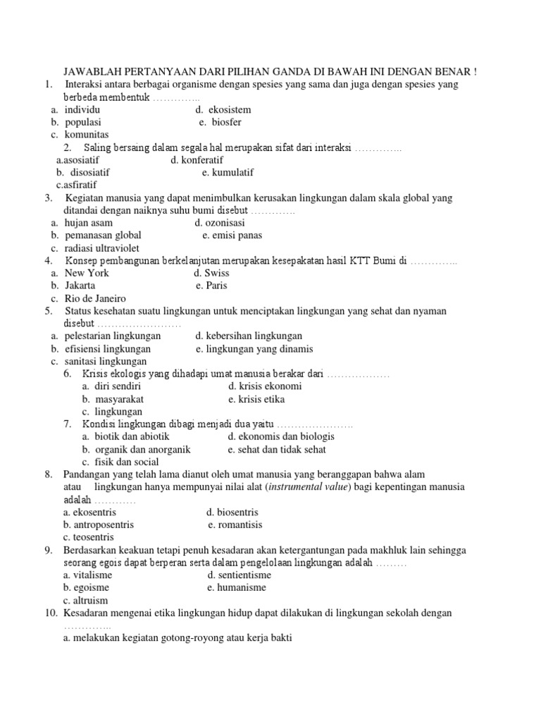 Jawablah Pertanyaan Dari Pilihan Ganda Di Bawah Ini Dengan Benar PLH | PDF