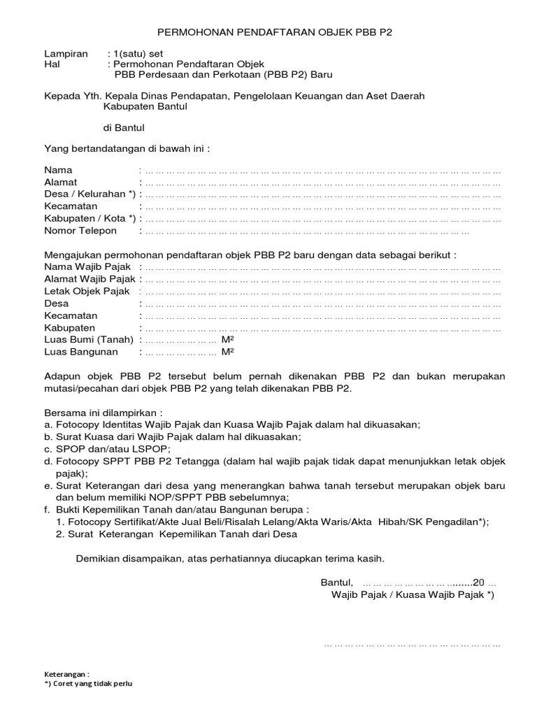 Blanko Permohonan Pendaftaran Objek Pajak Baru PBB p2 | PDF ...