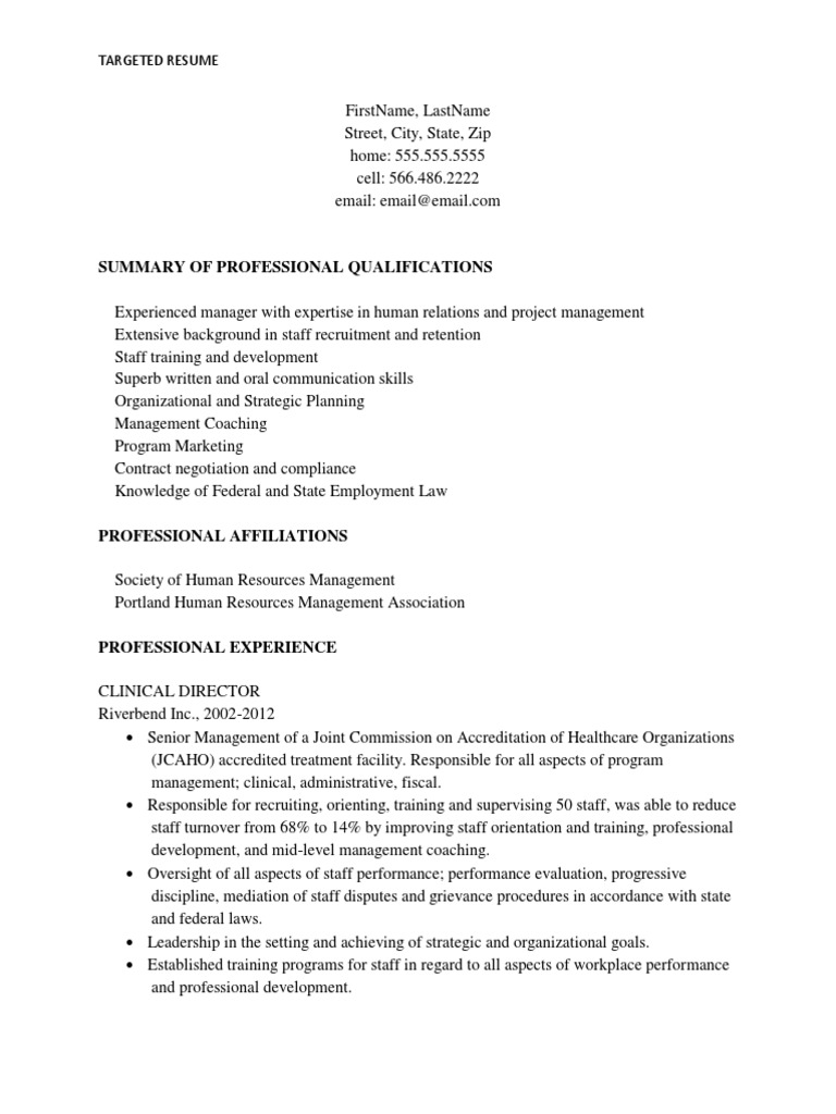 Sample of Targeted Resume | PDF | Joint Commission | Human Resources