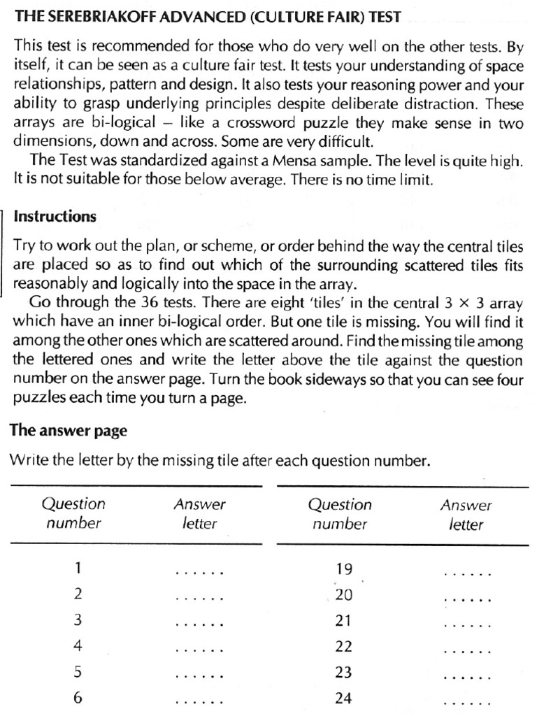 Serebriakoff, Victor - Advanced Culture Fair IQ Test | PDF