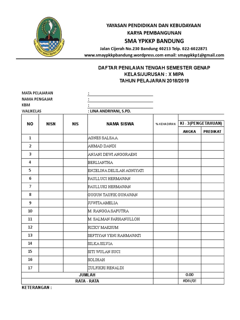 Daftar Penilaian PTS 2018/2019 | PDF